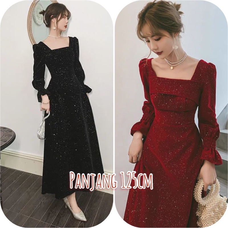 Jual D28/25 Long dress velvet square neck long sleeve blink / Gaun panjang beludru lengan ...