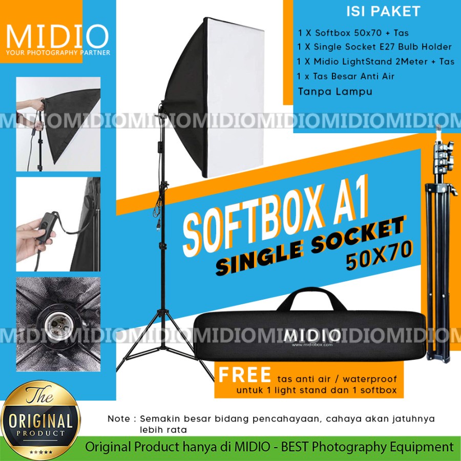 Jual Paket Studio Foto Midio A1 Plus Lightstand 2M Softbox Lighting Studio Single Socket E27 ...