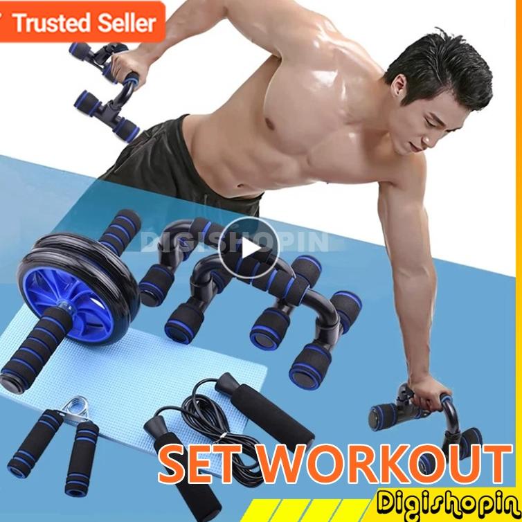 Jual T7X8 Set Alat Gym Fitness Roller PushUp Bar Jump Rope 5 in 1 Set ...