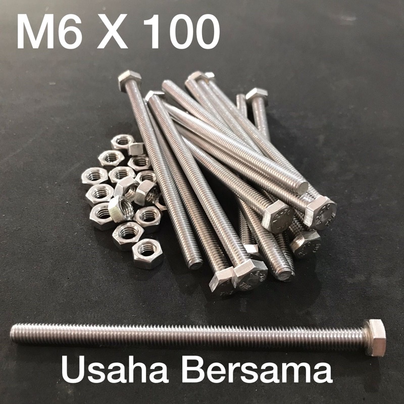 Jual BAUT MUR M6X100 STAINLESS STEEL SS BAUT MUR M6 X 100 SUS 304 ANTI KARAT KUNCI 10 | Shopee ...