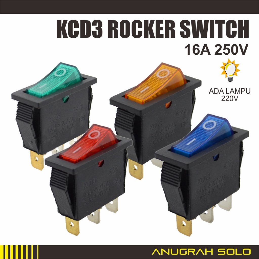Jual Switch On Off Tipis 16A 250V KCD3 Rocker Switch dengan Lampu ...