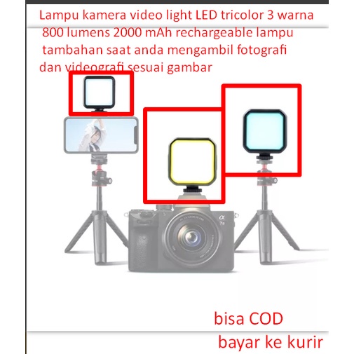 Jual Lampu kamera video light LED tricolor 3 warna 800 lumens 2000 mAh ...