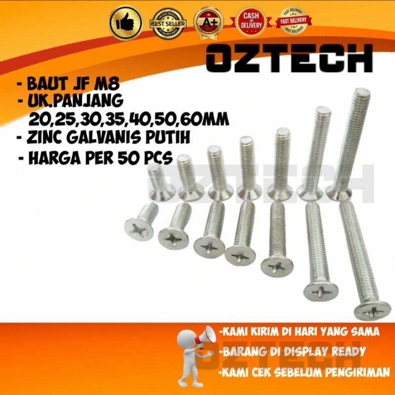 Jual Baut JF / Sekrup flat / skrup machine screw / mur jf galvanis putih M8 per 50pcs | Shopee ...