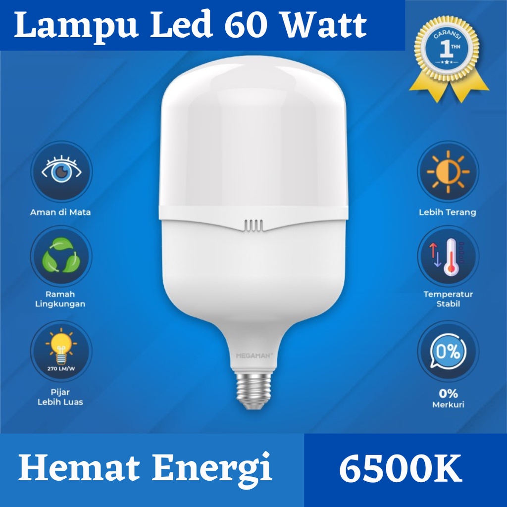 Jual Lampu Led 60 watt bolham 6500k putih led lampu rumah bergaransi awet tahan lama megaman 60w ...