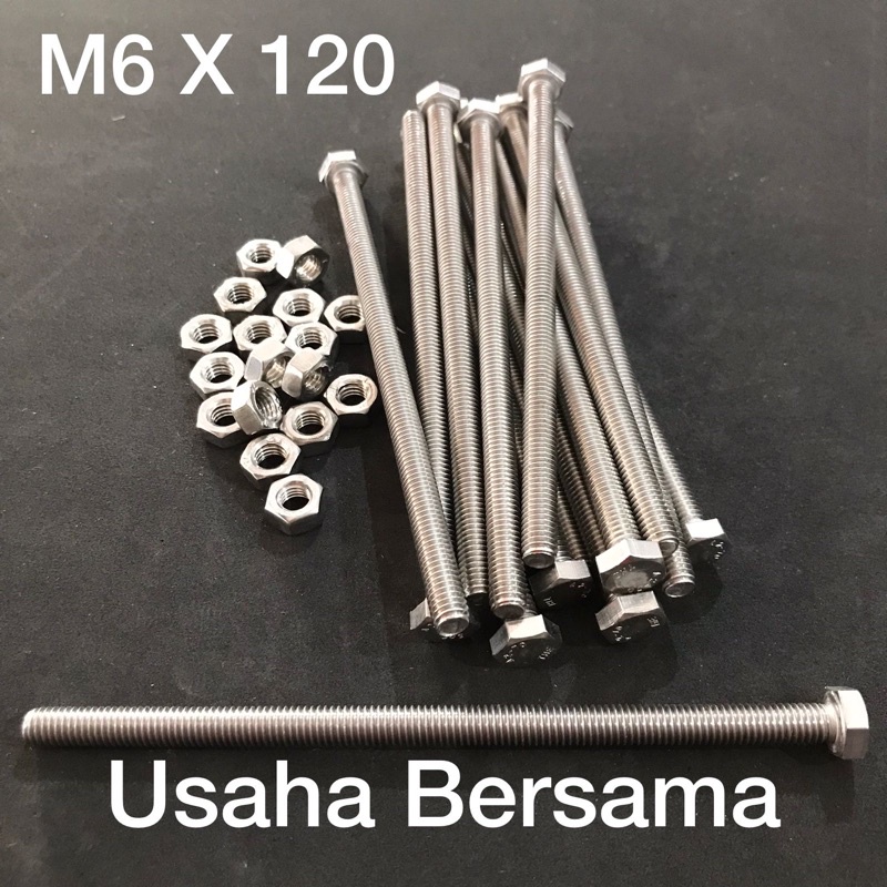 Jual BAUT MUR M6X120 STAINLESS STEEL SS BAUT MUR M6 X 120 SUS 304 ANTI KARAT KUNCI 10 | Shopee ...