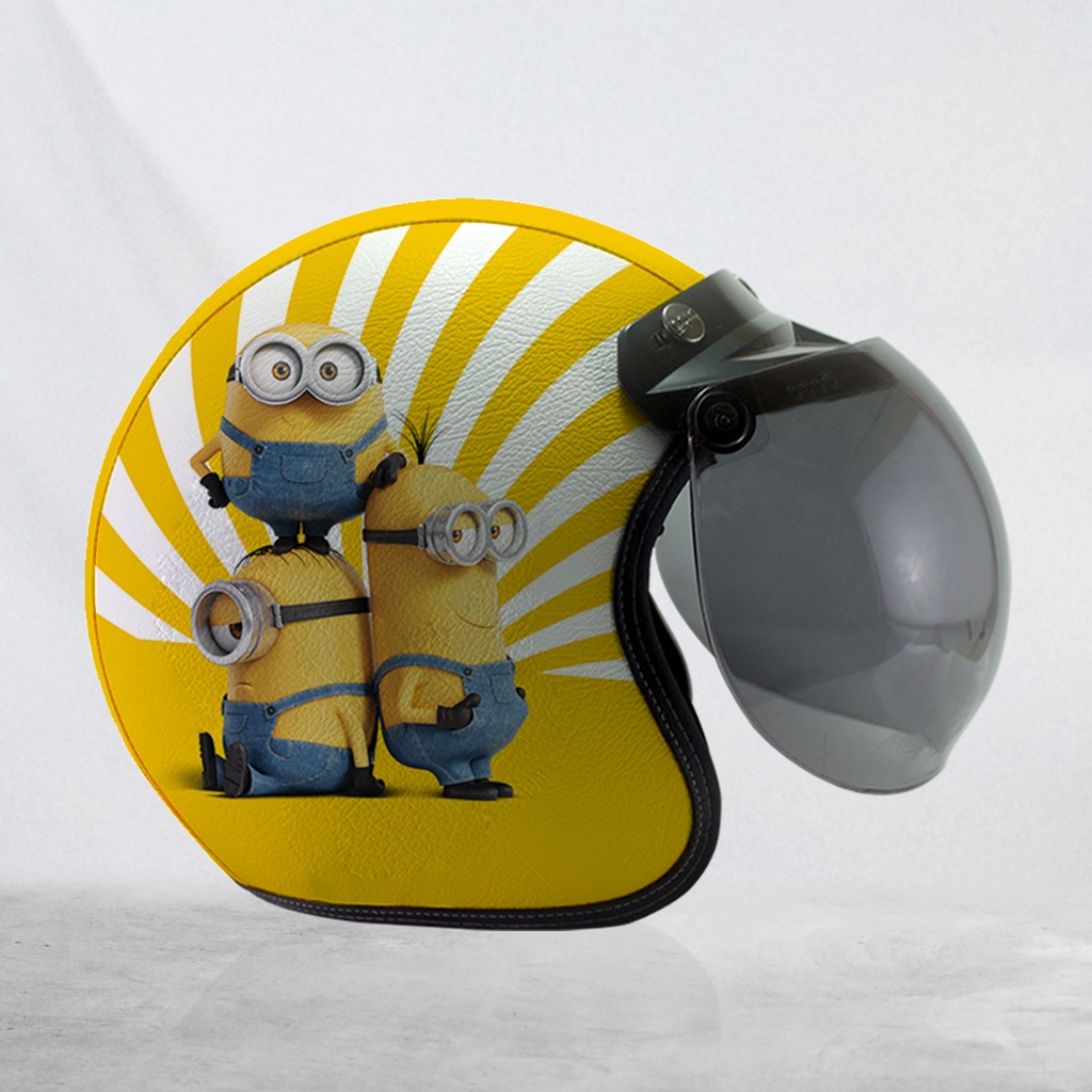 Jual Helm Bogo Retro Kulit Motif Kartun Anak Minion Kuning Putih SNI ...