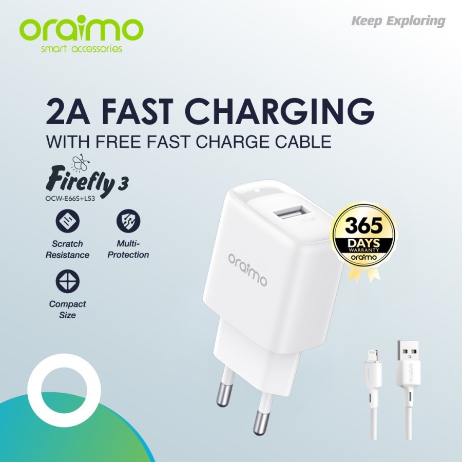 Jual ORAIMO Charger Iphone Lightning 2A Fast Charging Fast OCW-E66S+L53 ...