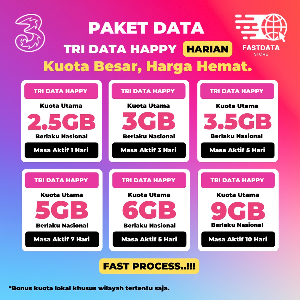 Jual PAKET DATA TRI DATA HAPPY HARIAN SUPER MURAH PROSES CEPAT | Shopee Indonesia