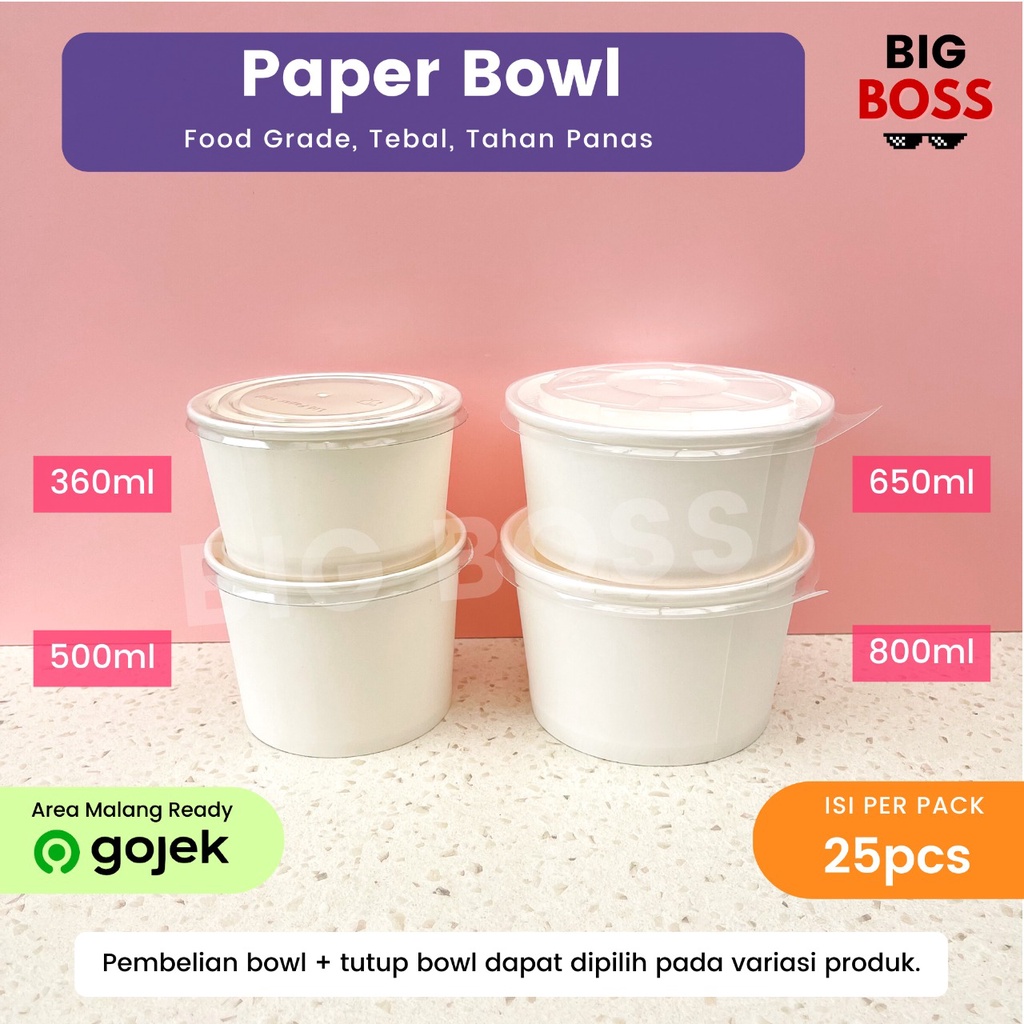 Jual [ISI 25 PCS] Paper Bowl 360ml 500ml 650ml 800ml / Paper Bowl + Tutup / Mangkok Kertas Polos ...
