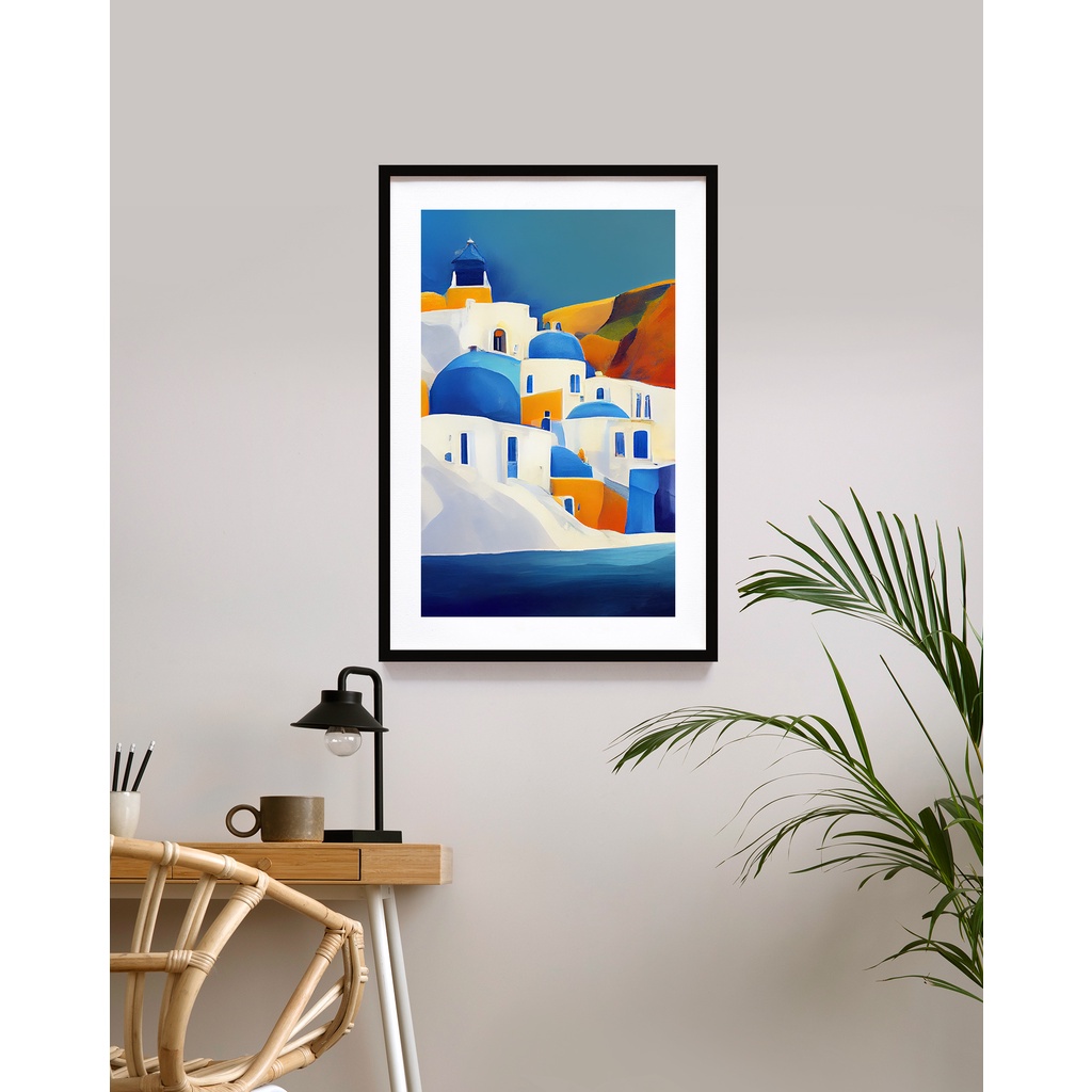 Jual Lukisan Santorini Yunani Background Laut Biru dan Gunung Wall Art ...