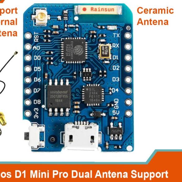 Jual Wemos D1 Mini PRO-16 + Dual Antena Upgrade Version ESP8266 - Tanpa ...