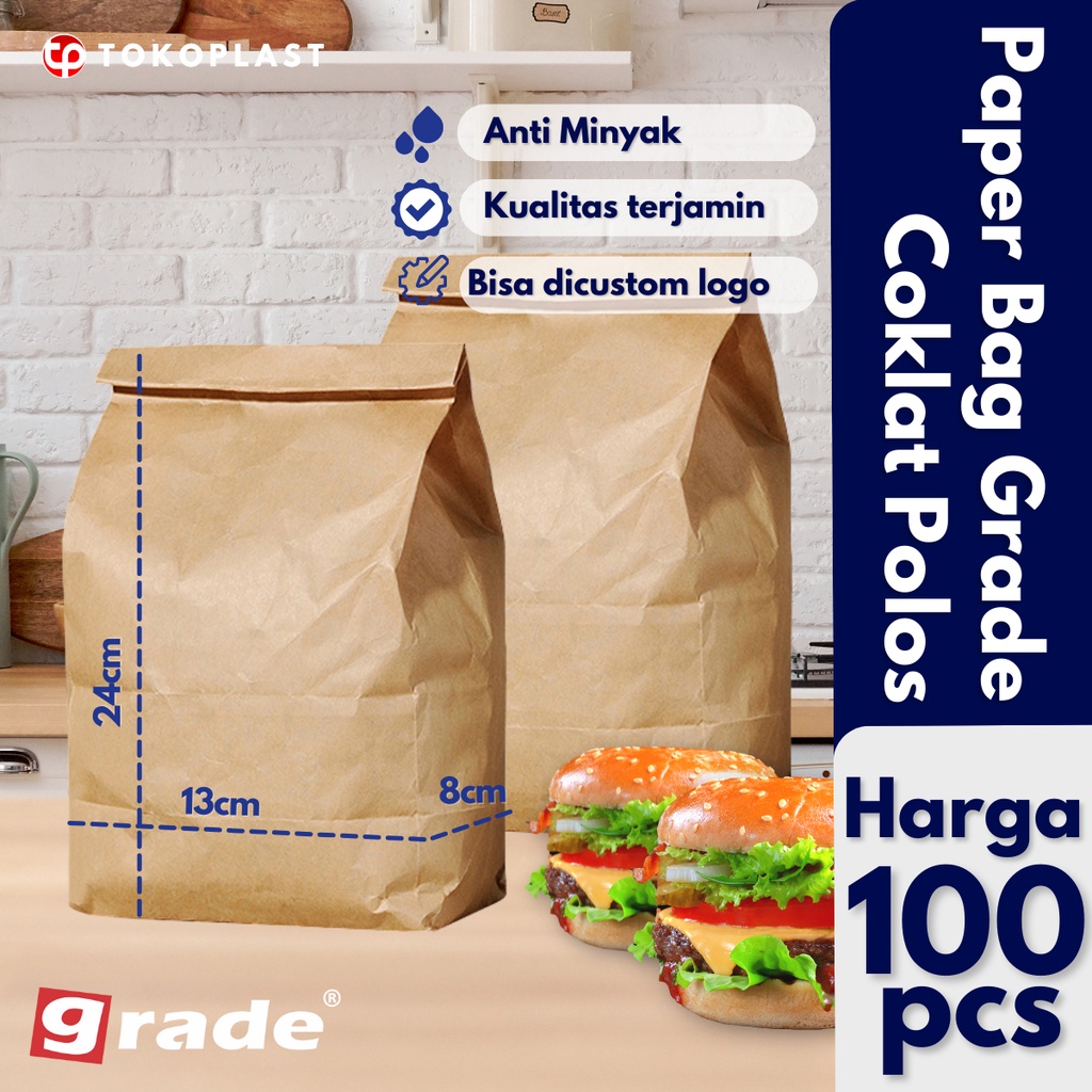 Jual 100 PCS PAPER BAG GRADE KANTONG KERTAS KRAFT COKLAT 13x25x8 CM ...