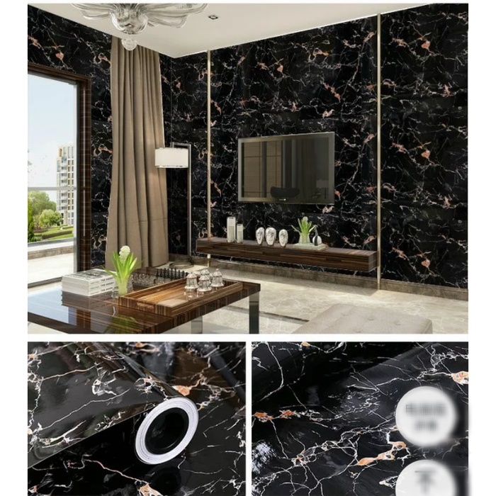Jual wallpaper sticker glossy MARMER HITAM GARIS OREN 60cm x 5meter ...