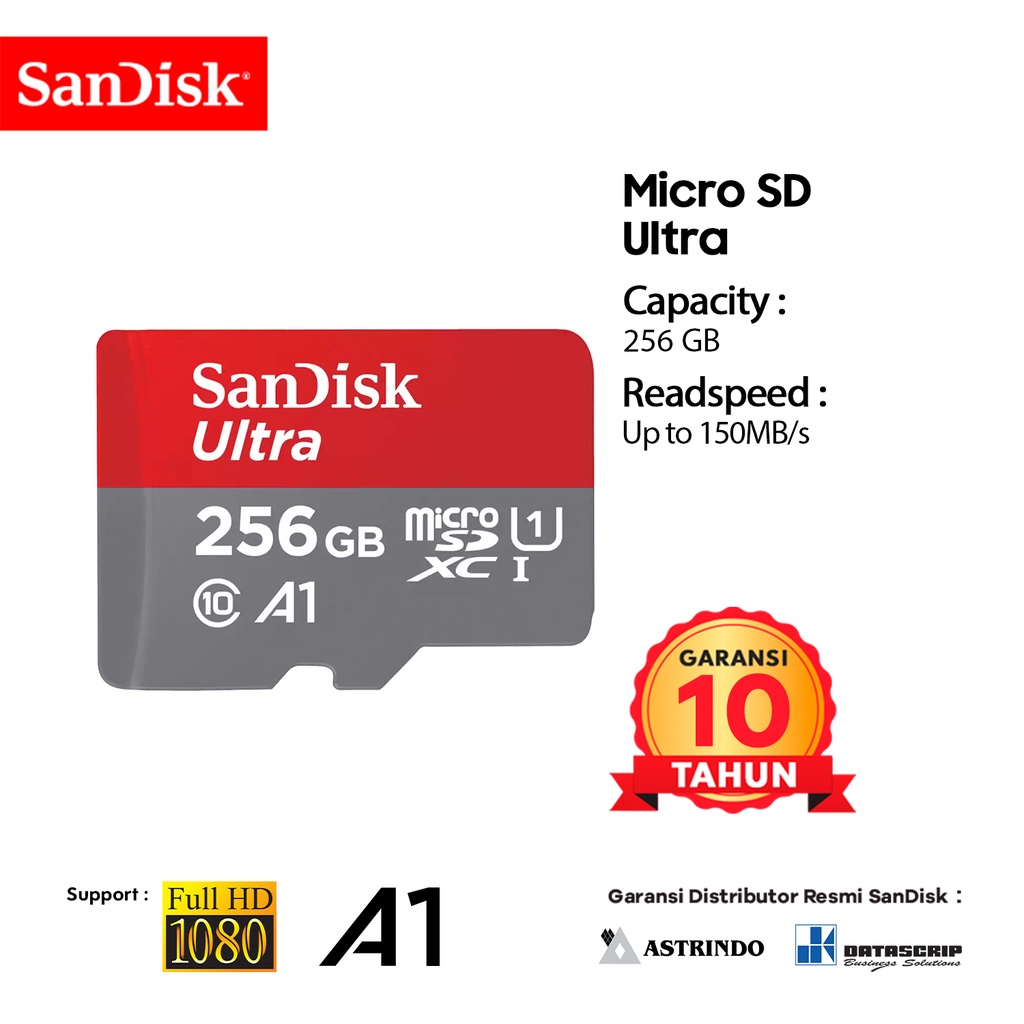 Jual Memory Card | Micro SD 256GB SanDisk Ultra A1 up to 150Mbps Class ...