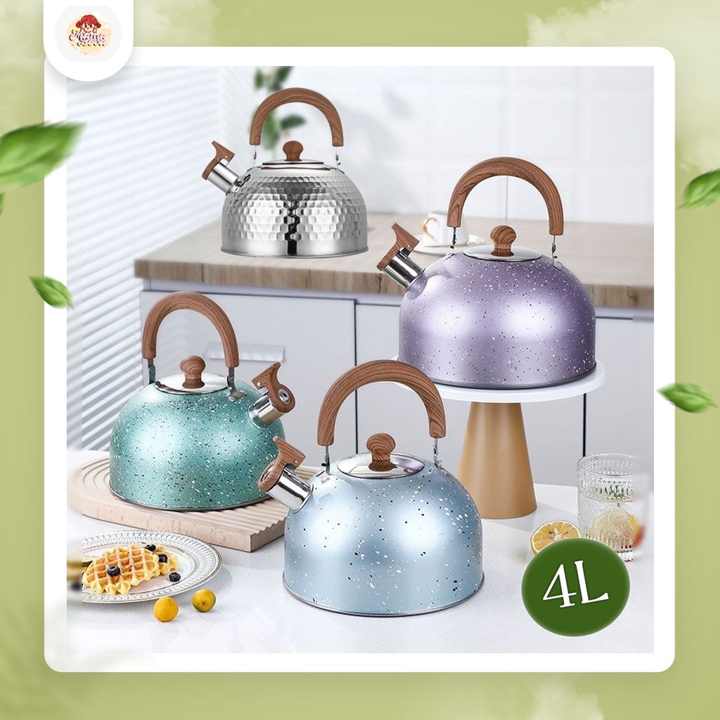Jual TEKO CERET KETTLE MASAK AIR PANAS STAINLESS SIUL BUNYI 4 LITER HANDLE KAYU WOODEN AESTHETIC ...