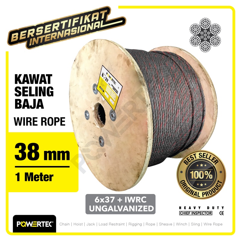 Jual POWERTEC Wire Rope / Kawat Seling Baja 6x37 IWRC 38mm Ungalv - 1 Meter | Shopee Indonesia