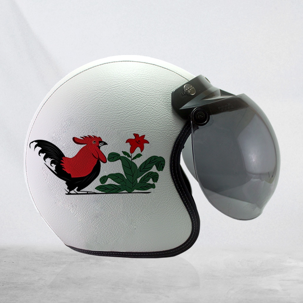 Jual Helm Bogo Retro Kulit Motif Mangkok Ayam Jago Putih Merah SNI ...