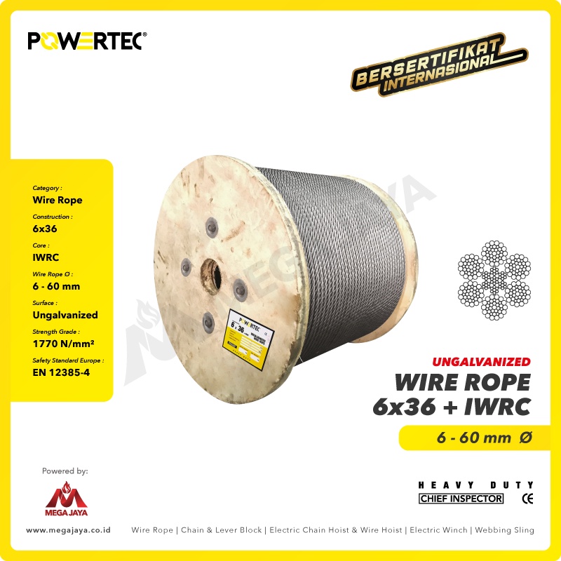 Jual POWERTEC Wire Rope / Kawat Seling Baja 6x36 IWRC 38mm Ungalv - 1 Meter | Shopee Indonesia