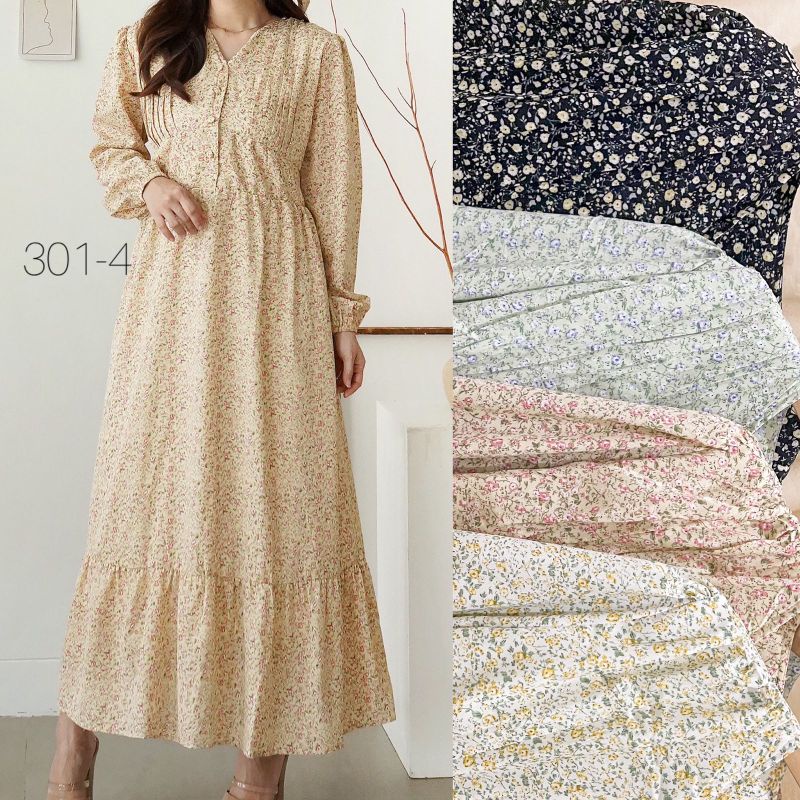 Jual MIDI DRESS KOREAN MOTIF BUNGA2 KECIL | Shopee Indonesia