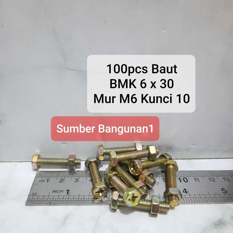 Jual [100pcs] Baut BMK 6 x 30 Mur M6 Kuning 30mm kunci 10 panjang 3cm | Shopee Indonesia