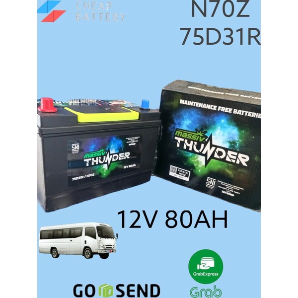 Jual MASSIV THUNDER AKI ACCU MOBIL KERING N70Z 75D31R 12VOLT 80AH ...