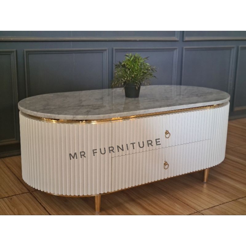 Jual meja tamu coffee table model salur oval top marmer carara ...