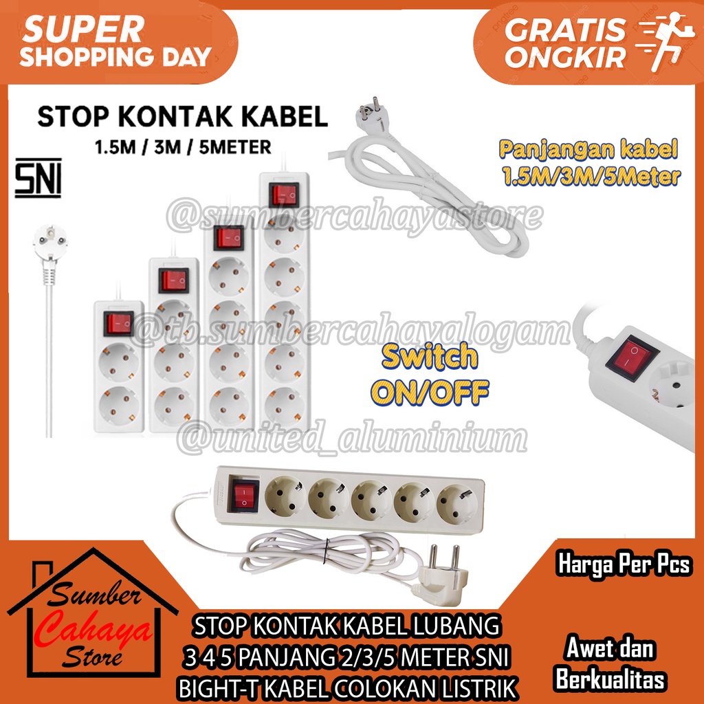 Jual STOP KONTAK KABEL LUBANG 3 4 5 PANJANG 2/3/5 METER SNI BIGHT-T ...