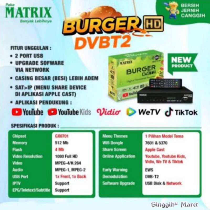 Jual Matrix Set Top Box TV Digital DVB-T2 Burger HD Hijau STB setopbox receiver DTV | Shopee ...