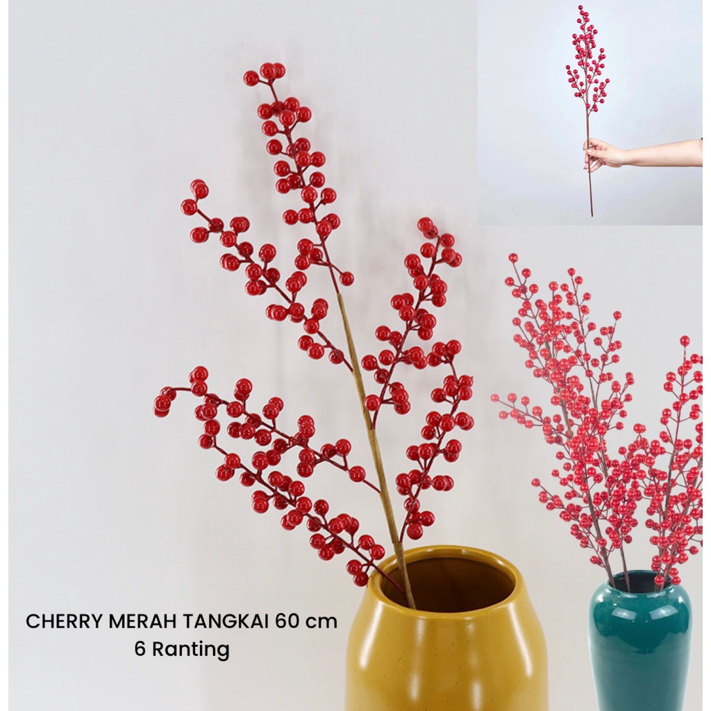 Jual Bunga Tangkai Cherry Merah 60cm 6 ranting | Shopee Indonesia