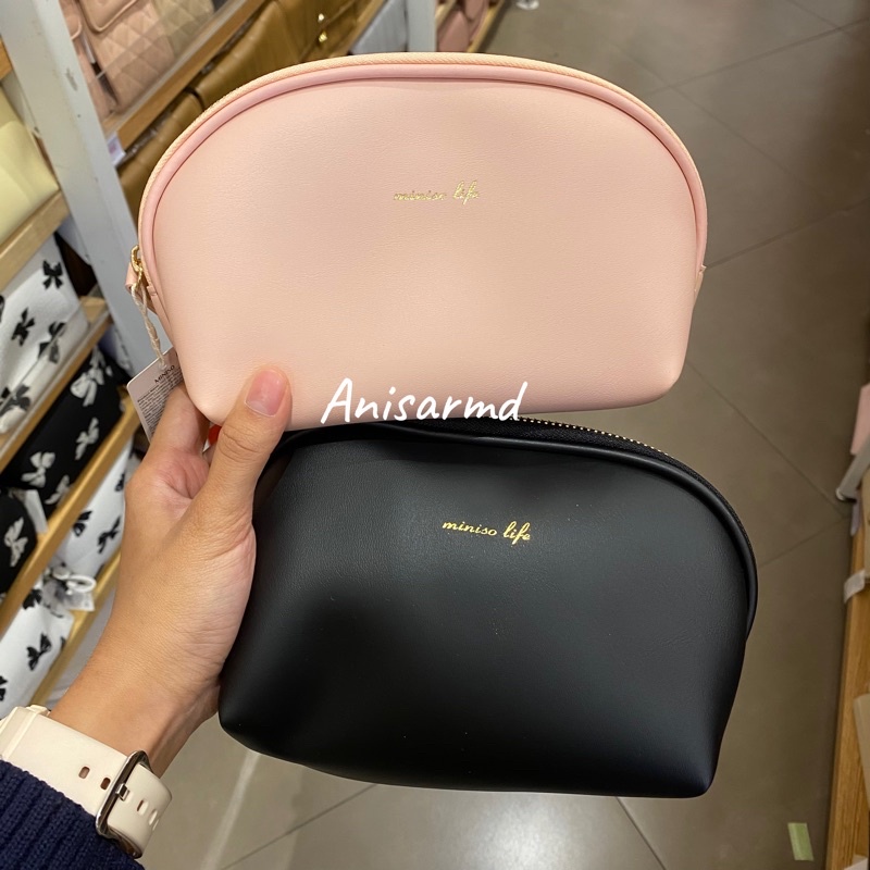 Jual half moon cosmetic bag with golden letters / pouch kosmetik miniso ...