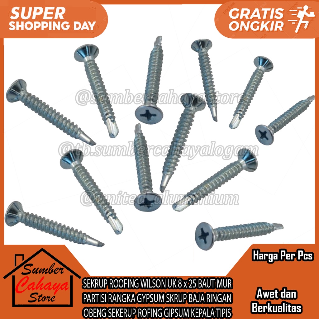 Jual SEKRUP ROOFING WILSON UK 8 x 25 PER 100 PCS BAUT MUR PARTISI ...