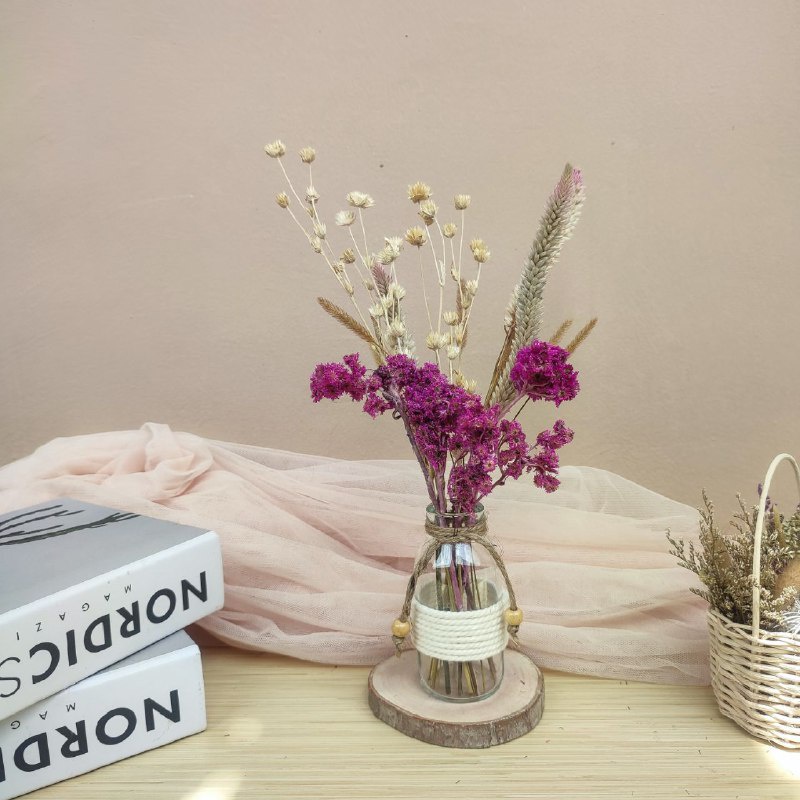 Jual Felisha set | satu set bunga kering | vas kaca | vas kayu | bunga ...