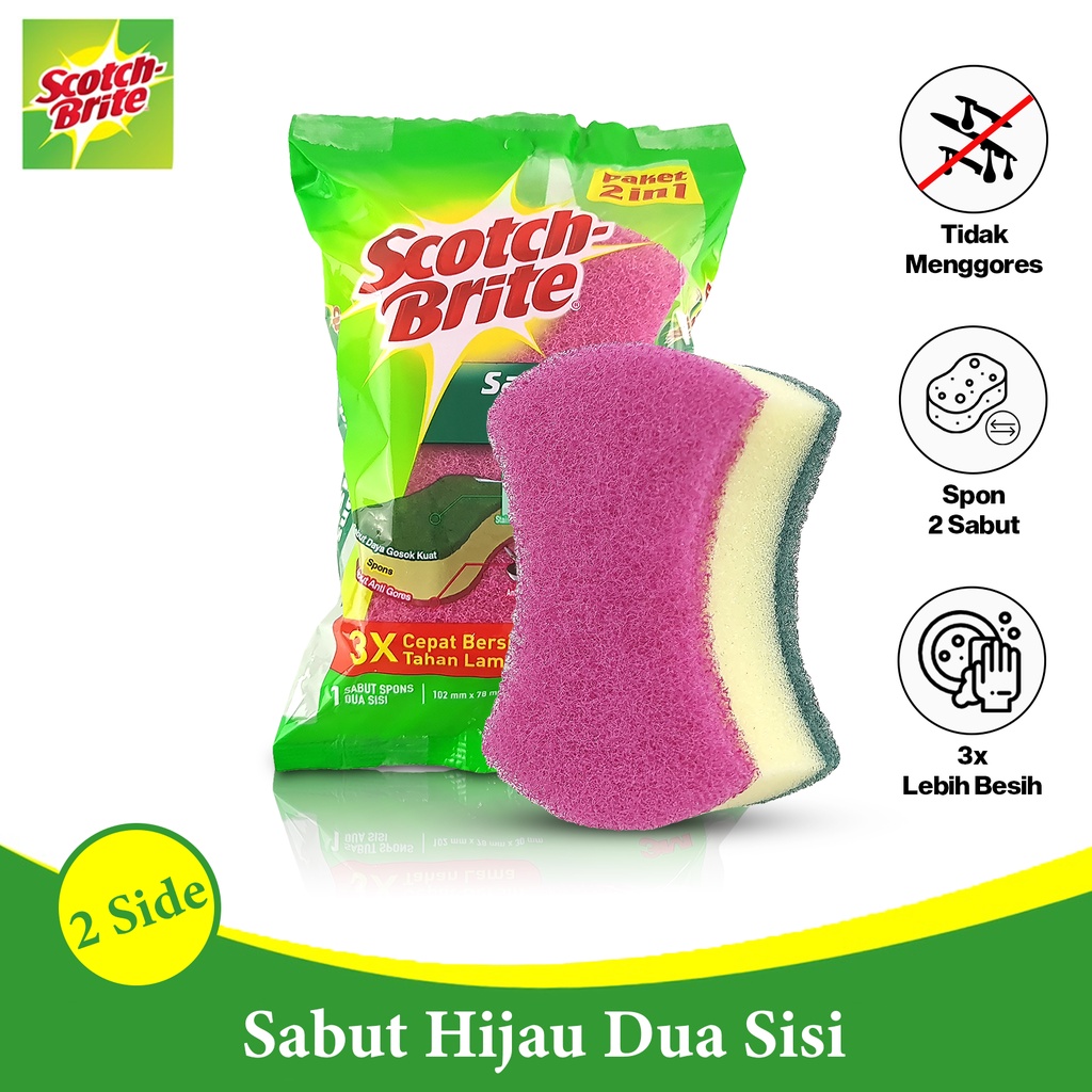 Jual 3M Scotch Brite Sabut Spons 1 Pack Dua Sisi 2 In 1 Busa Cuci 3M-ID ...