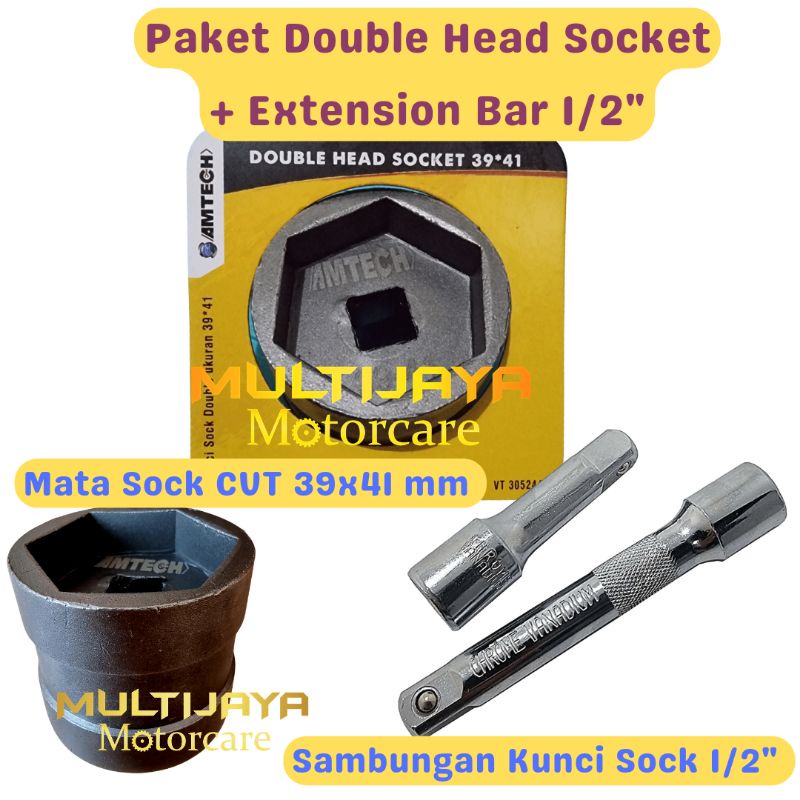 Jual Paket Double Head Socket Mata Sock Blok CVT 39x41 mm + Extension Bar 3" 5" Sambungan Kunci ...
