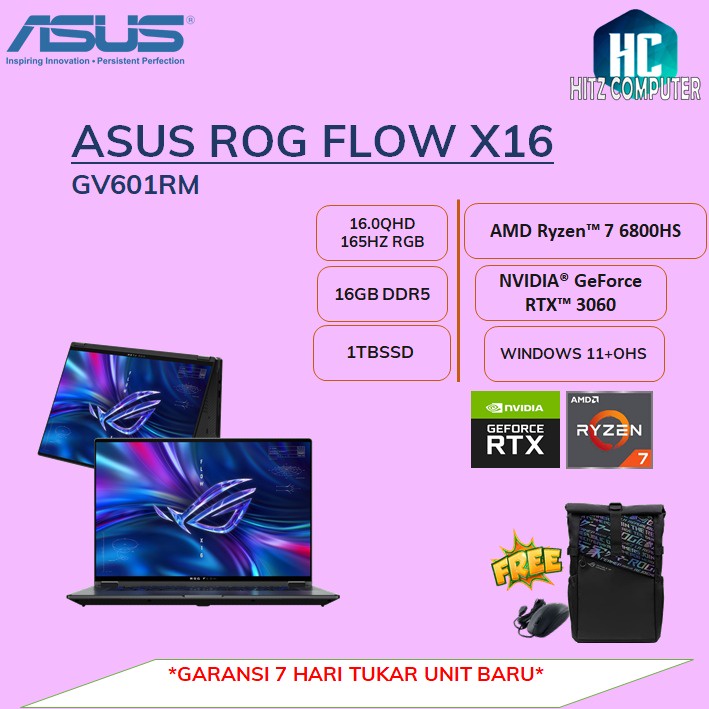 Jual ASUS ROG FLOW X16 GV601RM R736G6TO RTX3060 6GB/ RYZEN 7 6800HS ...