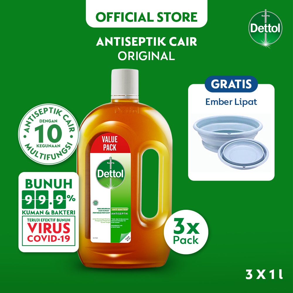 Jual Dettol Antiseptik Liquid 1L x3 FREE Gm Bear Ember Lipat Portable ...