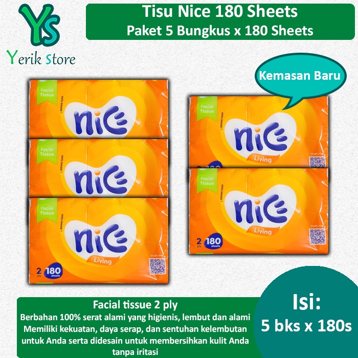 Jual [Paket 5 Pcs] Tissue nice 180 Sheets 2 ply Berat Sekitar 900 gram ...