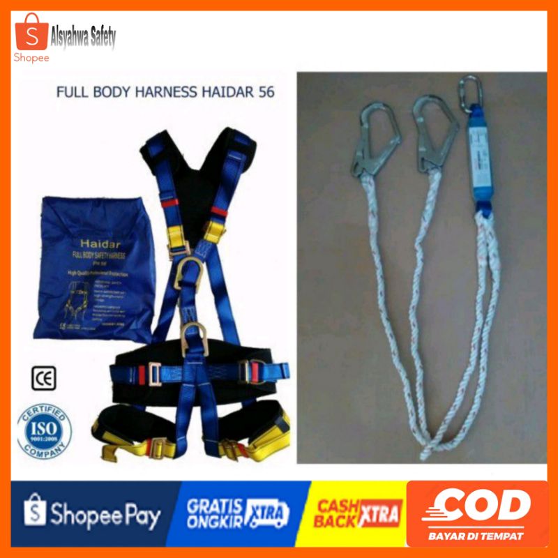 Jual 1 SET FULLBODY HARNES HAIDAR PN 56 & SAFETY LANYARD ABSORBER DOUBLE HOOK | Shopee Indonesia