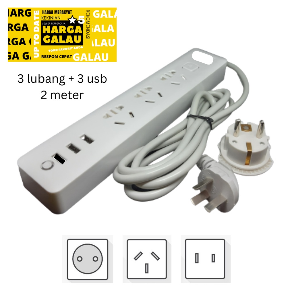 Jual Terminal Stop kontak 3 Lubang + 3 Usb Port Panjang Kabel 2 Meter ...