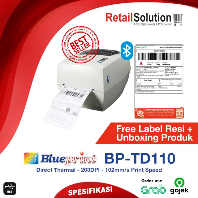 Jual Printer Barcode Label Thermal USB Bluetooth - Blueprint TD110 / TD ...