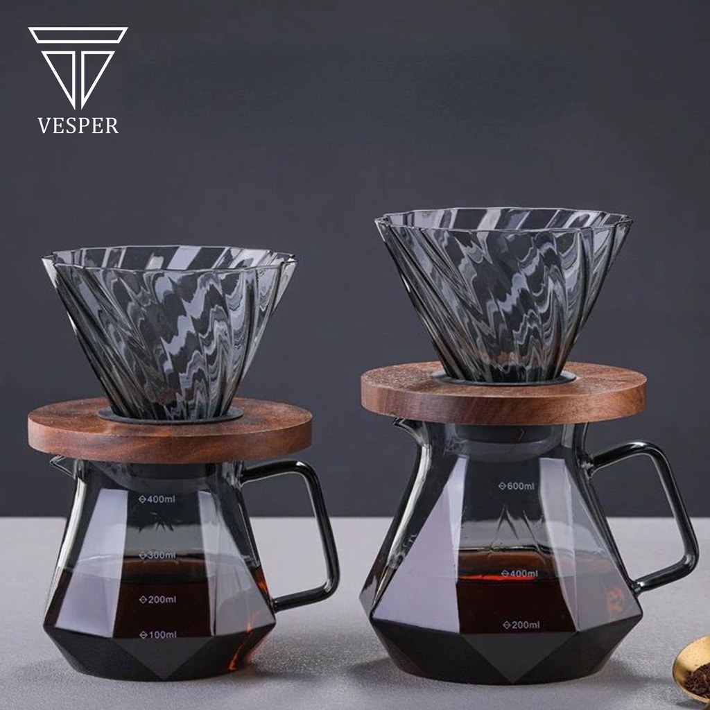 Jual paket set coffee server smoky gray + dripper V60 wooden walnut ...