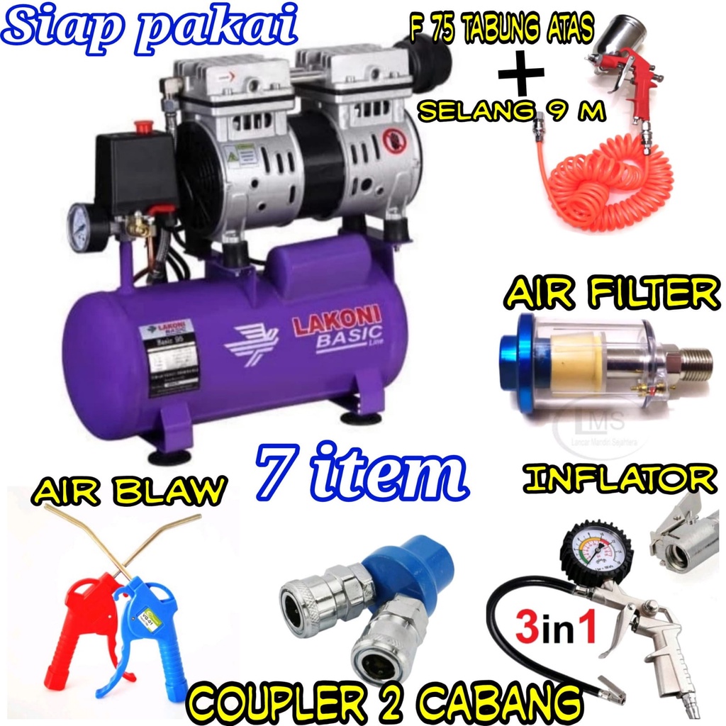 Jual paket kompresor listrik Lakoni imola 75 Oilless Silent 3/4 0.75 HP ...