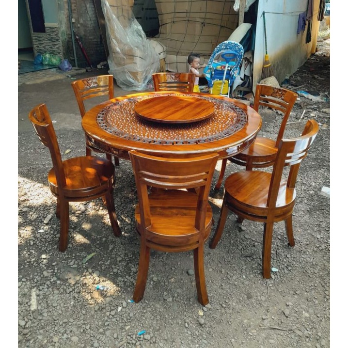 Jual meja makan bulat minimalis kursi 6 meja putar jati | Shopee Indonesia