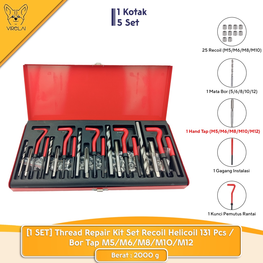 Jual [1 SET] Thread Repair Kit Set Recoil Helicoil 131 Pcs / Bor Tap M5/M6/M8/M10/M12 | Shopee ...