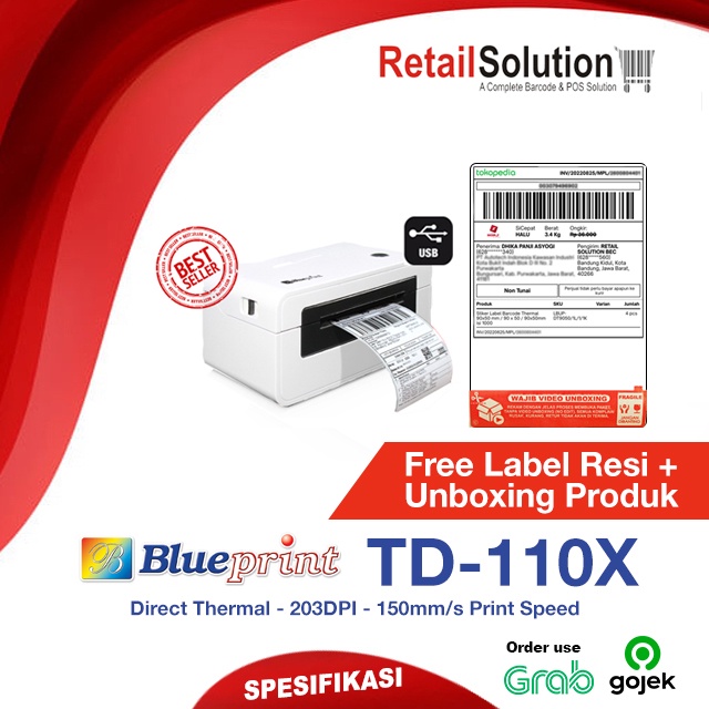 Jual Printer Barcode Label Thermal USB - Blueprint TD110X / TD-110X ...