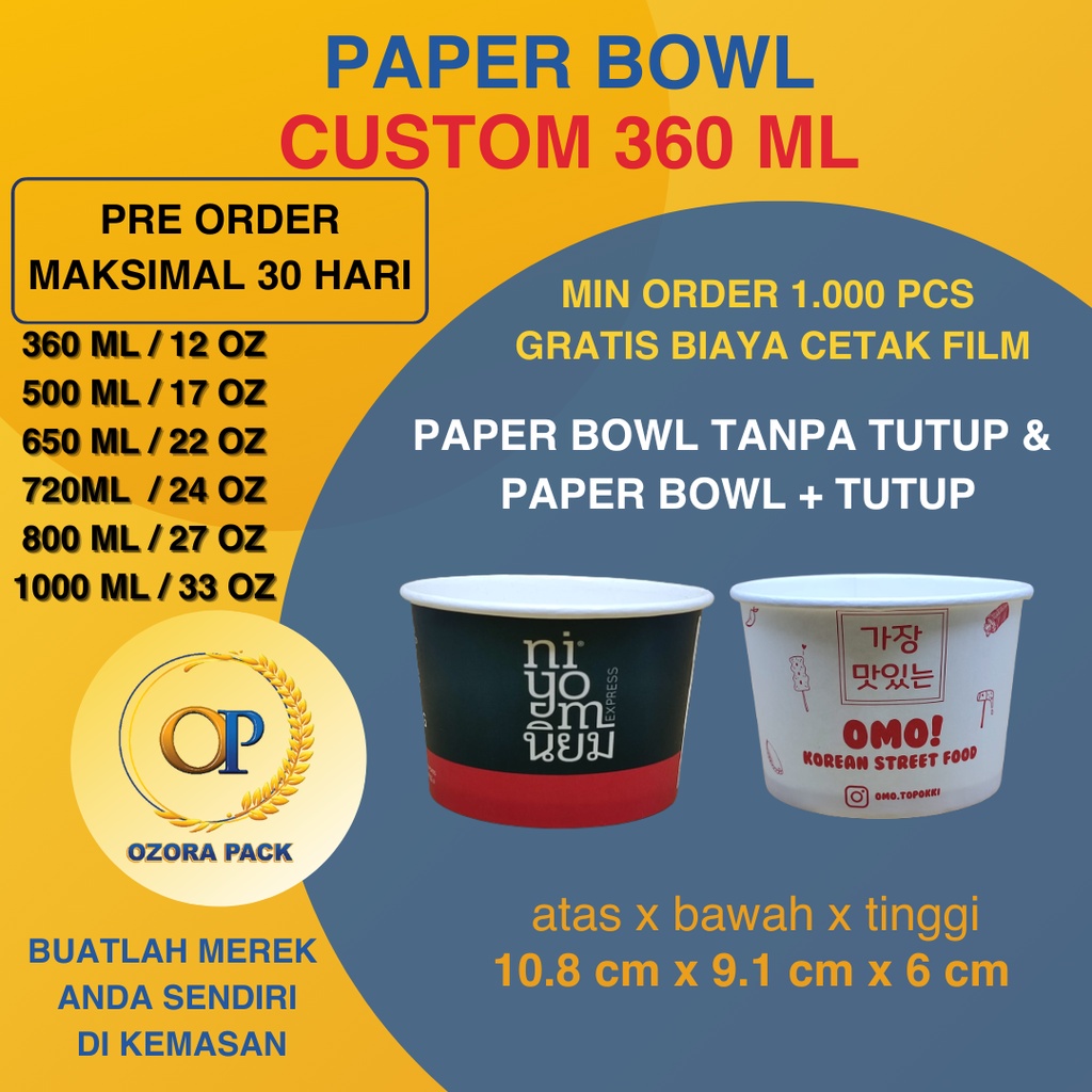 Jual Paper Bowl Custom 360ml (12 oz) / Custom Paper Bowl Sablon 360ml/ Custom Printing Paper ...