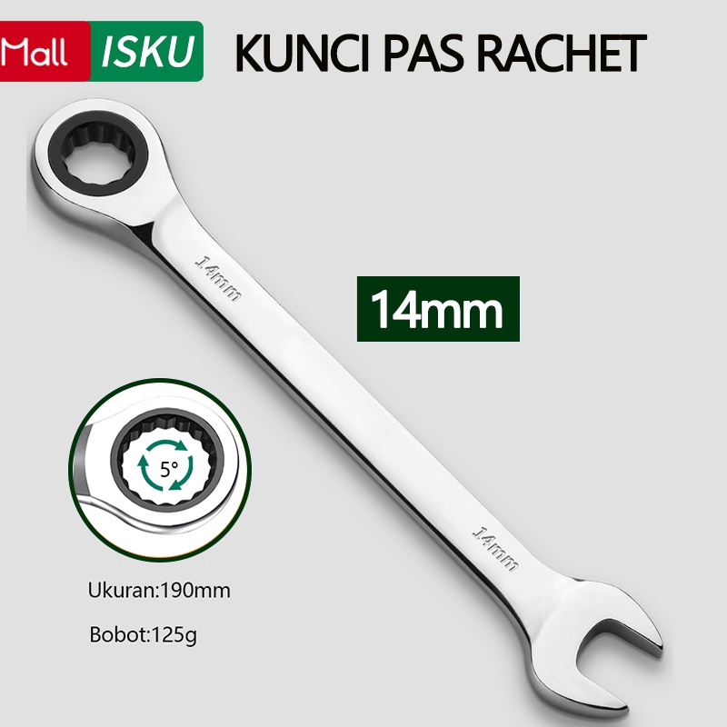Jual ISKU Kunci Pas 14mm Kunci Ring Dual Head Combination Ratchet ...