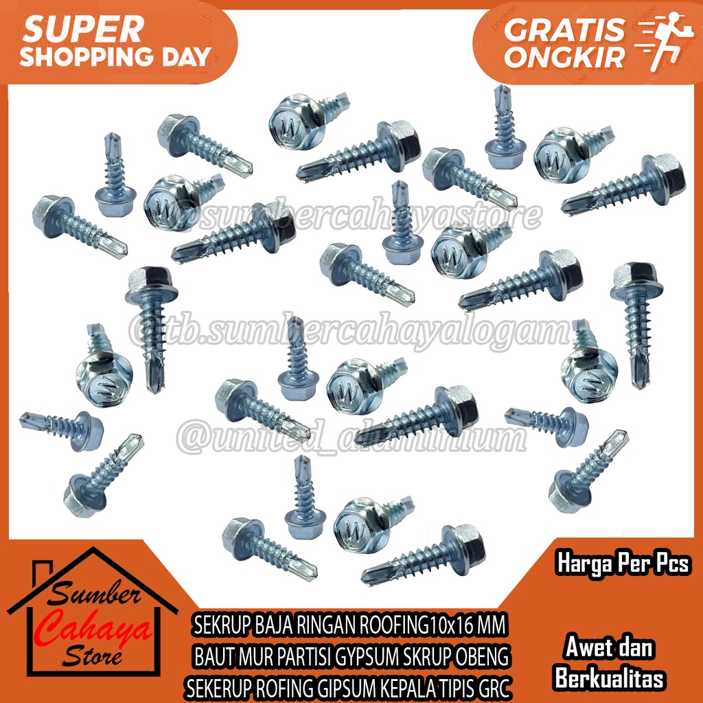 Jual SEKRUP BAJA RINGAN ROOFING 10x16 MM BAUT MUR PARTISI GYPSUM SKRUP OBENG SEKERUP ROFING ...