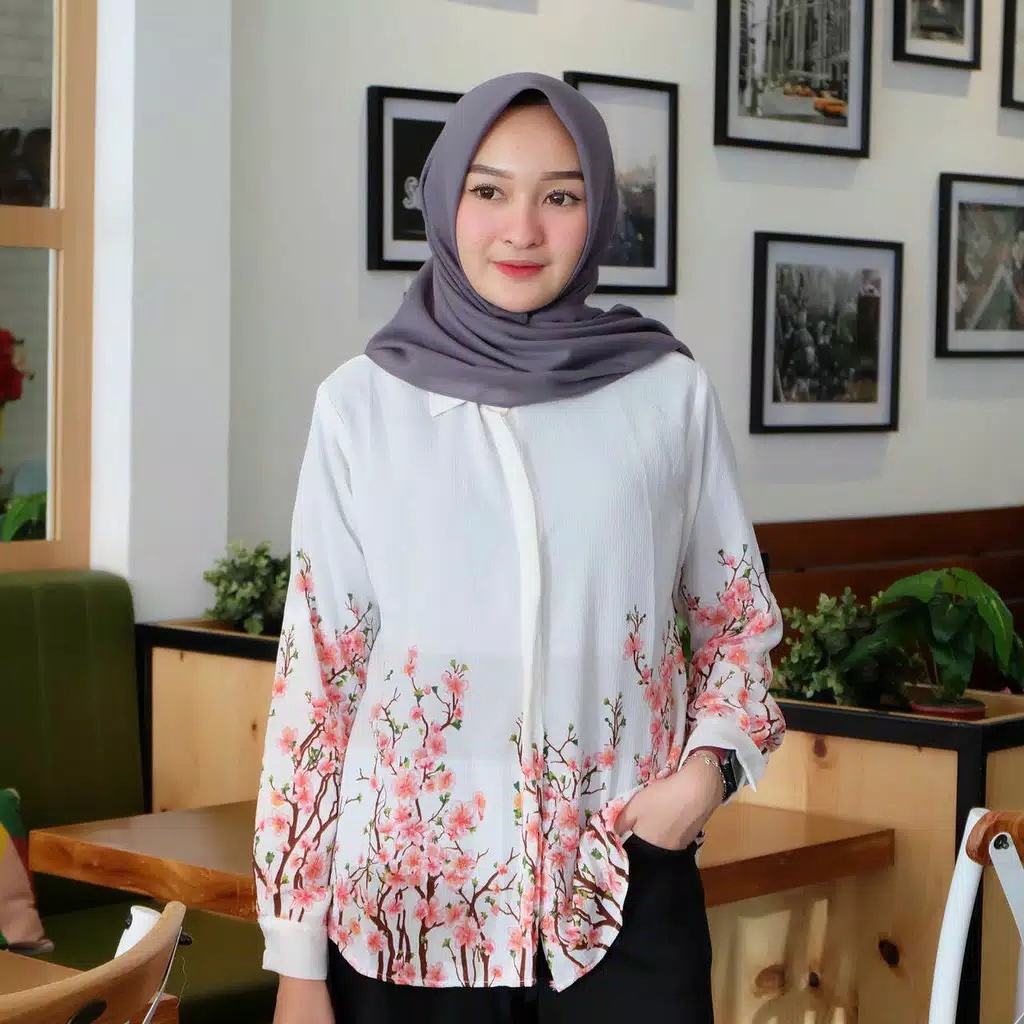 Jual PC Kem Dian Flow - Kemeja Wanita Motif Bunga - kemeja Putih ...