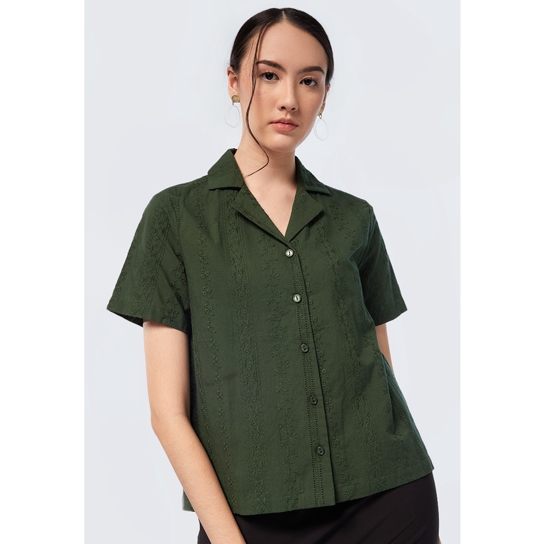 Jual Executive Notch Collar Short Sleeve Eyelet Blouse Emerald | Shopee ...